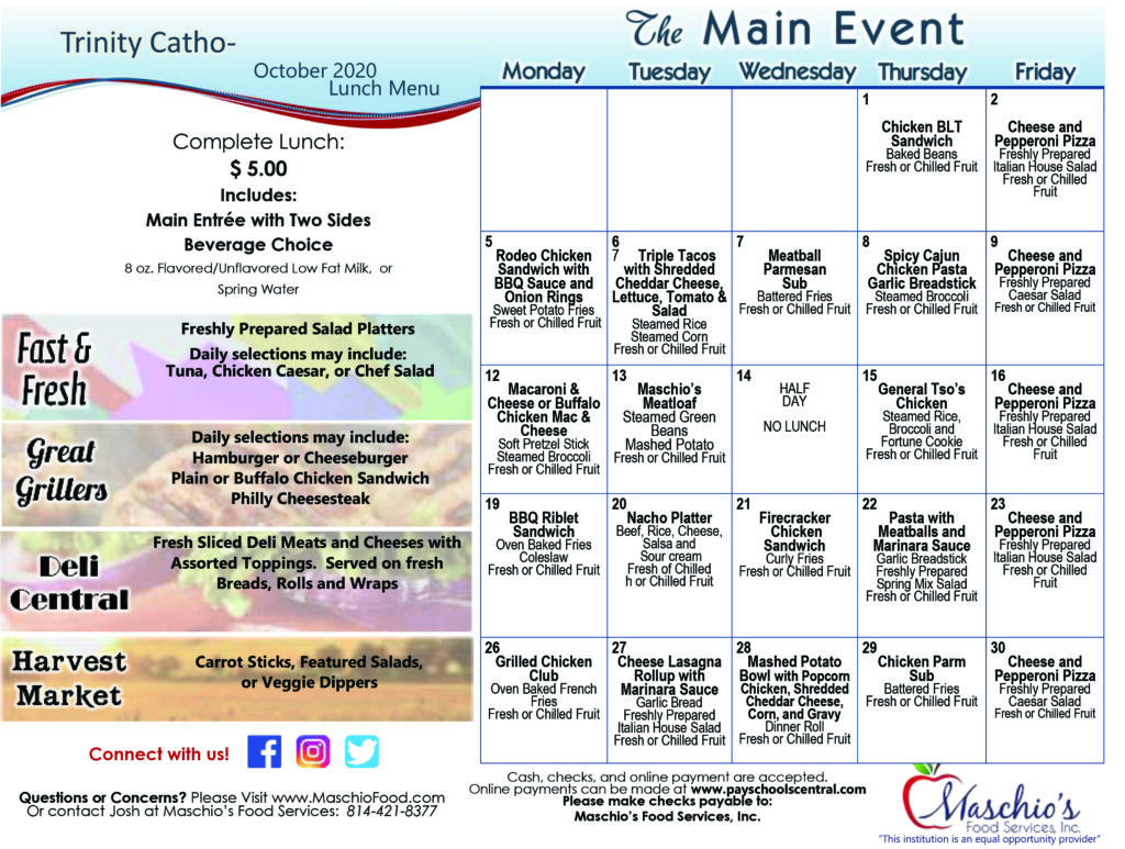 Oct 2020 Trinity Lunch Menu - Trinity Catholic High SchoolTrinity ...